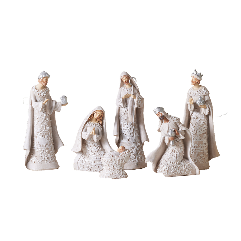Ivory and Silver Filligree Stone Resin Nativity