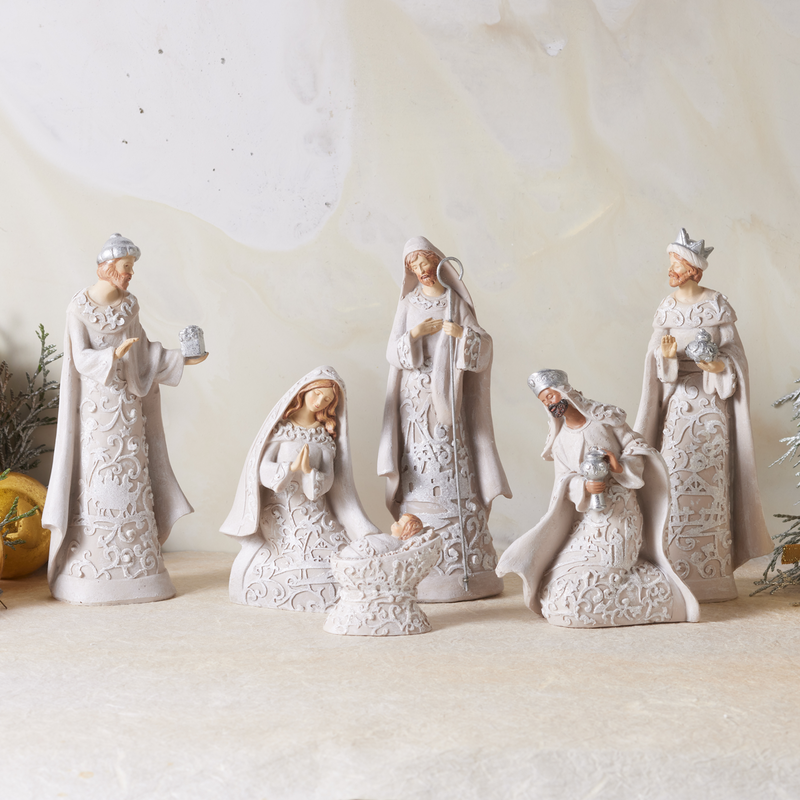 Ivory and Silver Filligree Stone Resin Nativity